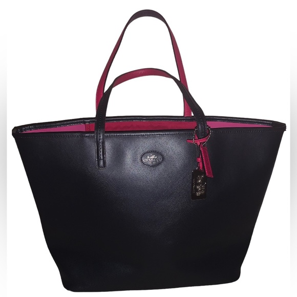 Coach | Bags | Coach 327 Metro Saffiano Black Leather Tote With Red ...